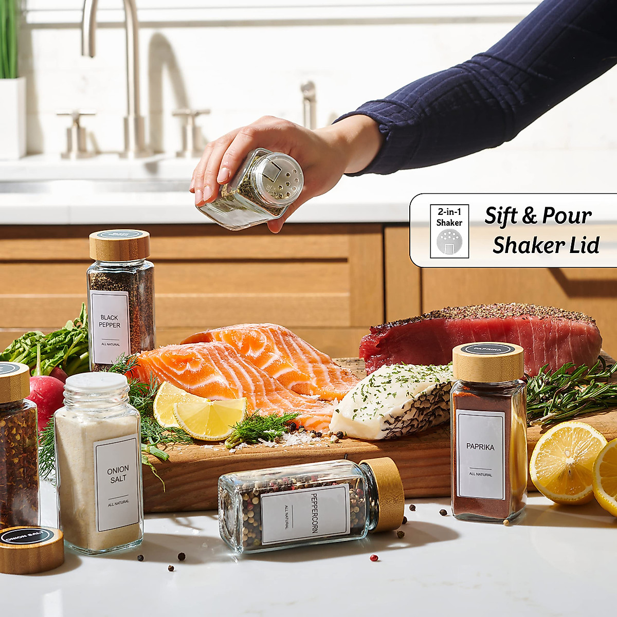 24 Glass Spice Jars with Label Set Bamboo Shaker Lids & Funnel, Kitchen Airtight Sugar Packet Holder Storage Jars with Lid, Spices & Seasonings Sets Organizer Spice Containers, Glass Jar Food Canister