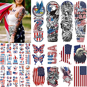 RainFlowwer 4th of july Temporary Tattoo for Adults Kids, Independence Day Sleeve tattoo, Decorations tattoo,USA Flag Full Arm tattoo, Memorial Day, Independence Day, Labor Day Fake Tattoos