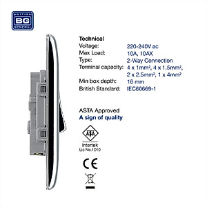 masterplug BG Electrical NPC12 Nexus Metal Polished Chrome 1 Gang 2 Way 10 A Plate Switch