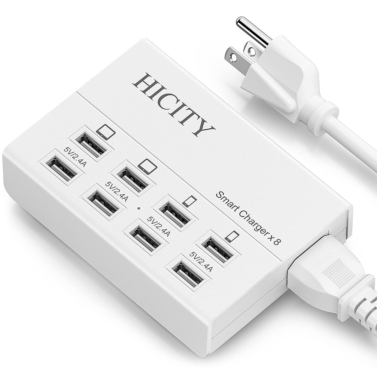 USB Charging Station, 8-Port USB Charger Hub 50W/10A Multi Port Charger for Phone iPad Tablet Multiple Devices (5ft Detachable Cord, White)