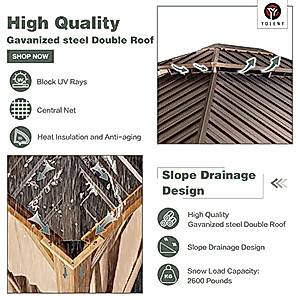 YOLENY 12' x 14' Gazebo, Hardtop Gazebo Wood-Looking Gazebo with Galvanized Steel Double Roof, Aluminum Frame, Outdoor Patio Hardtop Gazebo with Netting and Curtains for Deck, Backyard, Patio, Lawns