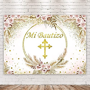 Riyidecor Mi Bautizo Baptism First Holy Communion Backdrop for Girl God Bless Christening 7Wx5H Polyester Fabric Boho Pink Pampas Grass Floral Newborn Party Background Baby Shower Decor Banner