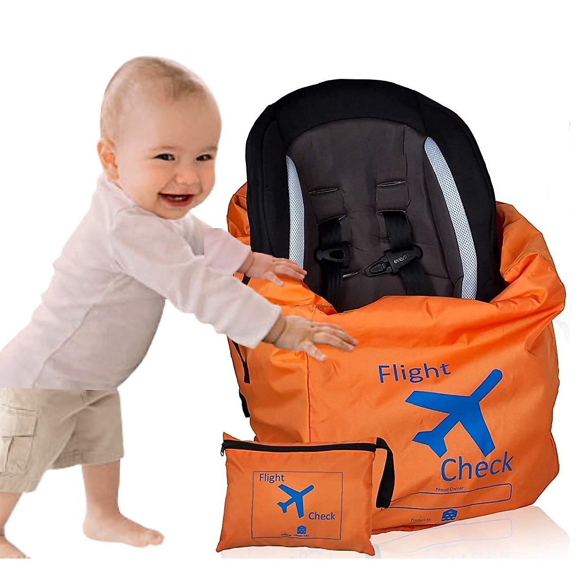 Car Seat Travel Bag and Carrier for Gate Check with Travel Pouch - Bright Orange with Blue Letters for Airport, Airplane Gate Check, Car Trips and Storage Double Backpack Straps | Carseat Bag for sto