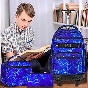 FTJCF 3PCS Rolling Backpack, 19 Inche Roller Bag with Wheels for Adults, Aurora Wheeled Bookbag Set for Men Boys(Blue)