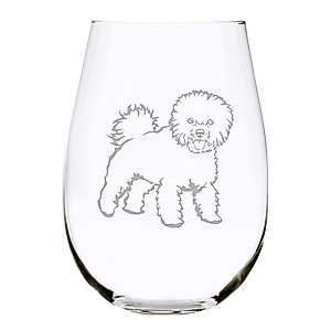 Frise Bichon (F2) themed, dog stemless wine glass, 17 oz.