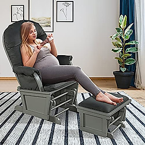 Costzon Glider and Ottoman Set, Wood Glider Rocker for Nursery, Cleanable Upholstered Comfort Nursing Rocking Chair with Padded Armrests, Detachable Cushion & Cover, Easy to Assemble (Dark Gray)