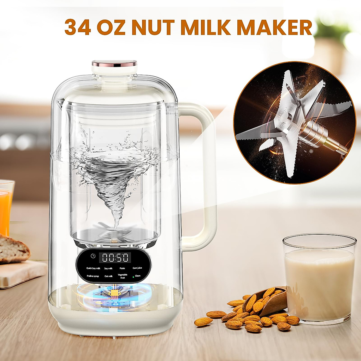 34oz Nut Milk Maker,8 in 1 Automatic Soy Milk Maker for Homemade Nut,Soy,Almond,Oat Milk,Fruit and Vegetable,Almond Milk Maker with Delay Start/Keep Warm/Self-Cleaning,White