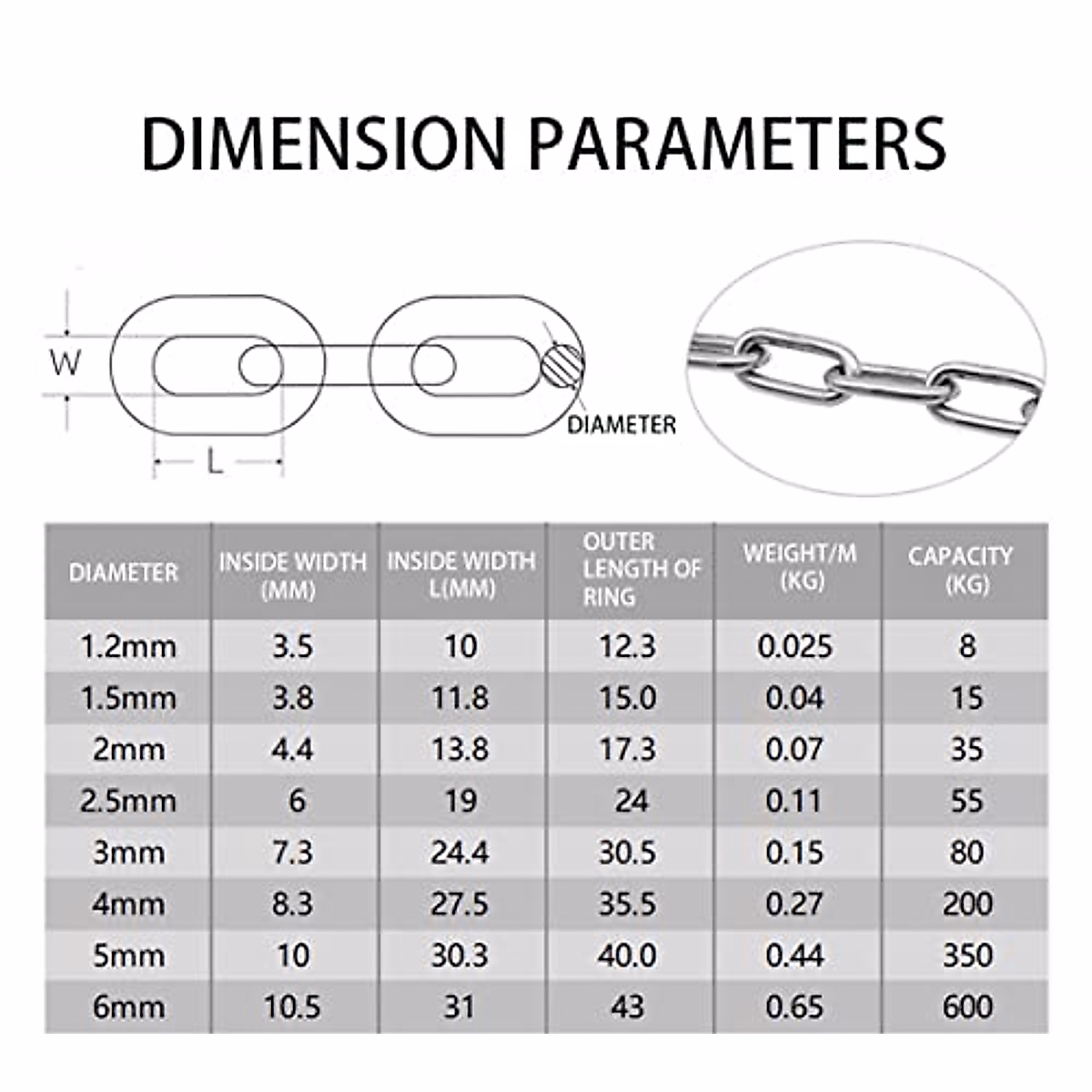 Stainless Steel Safety Chains 20in (L) x 3MM (T) Long Link Chain Rings Light Duty Coil Chain for Hanging Pulling Towing (3mm*50cm-1 Pack)