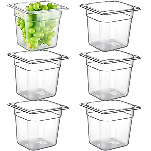 CURTA 6 Pack NSF Food Pans, 1/6 Size 6 Inch Deep, Commercial Polycarbonate Plastic Clear Freezer-Safe