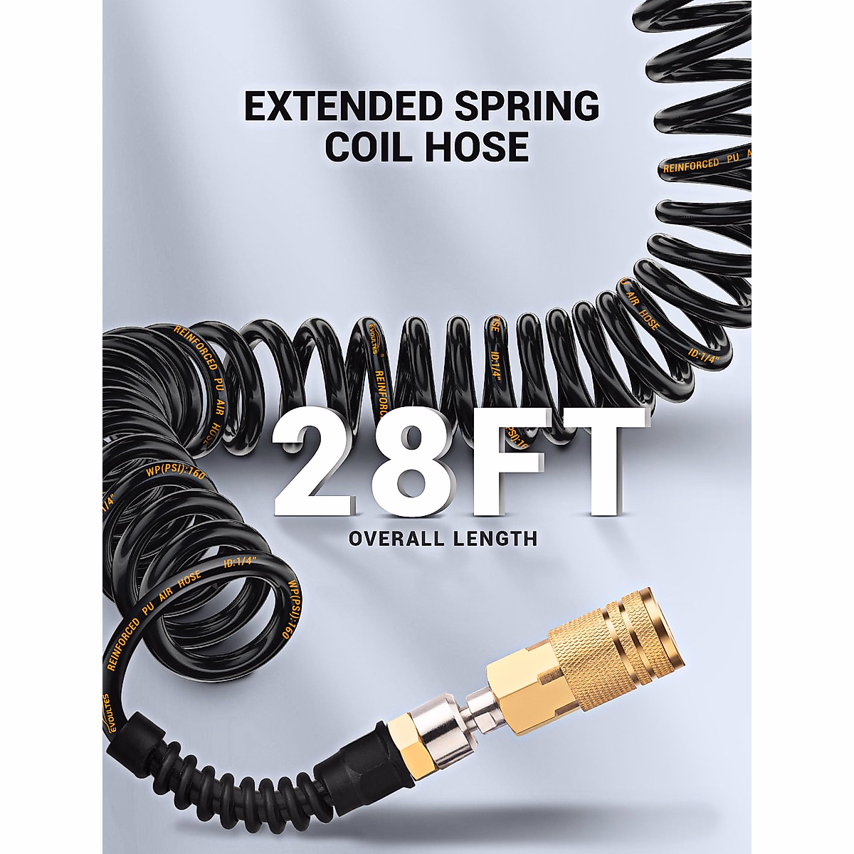 EVOULTES 1/4 In x 28 Ft Polyurethane Recoil Air Hose, Upgraded Air Compressor Hose with Repairable Bend Restrictor, Air Hose kit w/ 360° Swivel 1/4" NPT Coupler & Brass Quick Connect Air Fittings