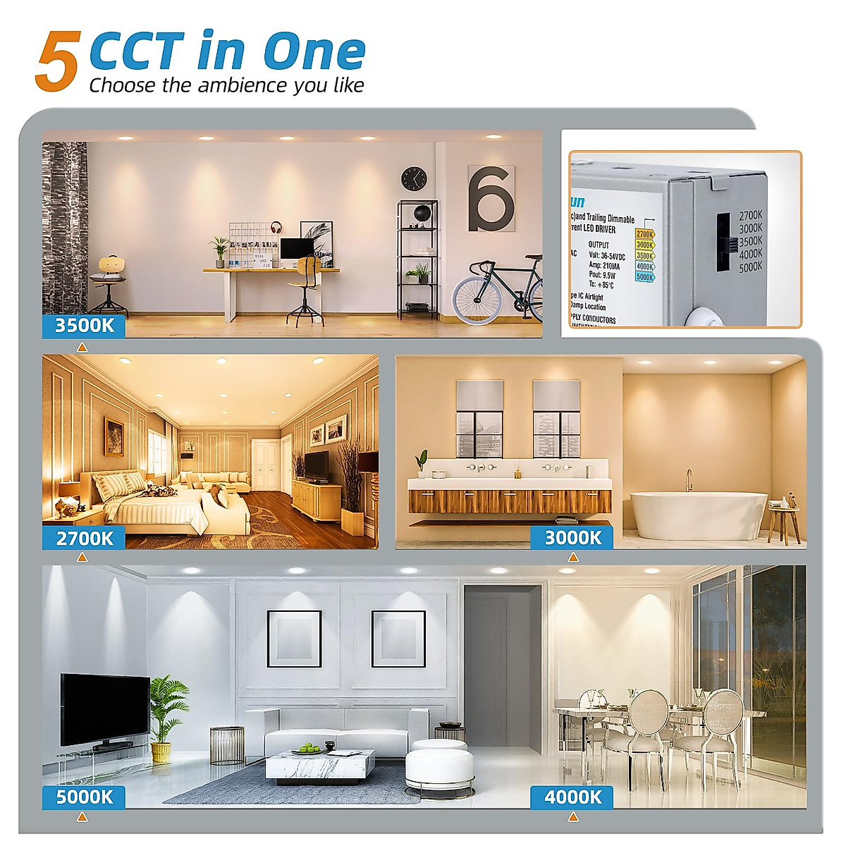 VOLISUN 24 Pack 4 inch Recessed Lighting, 5CCT LED Recessed Light with Junction Box, 2700K-5000K Selectable, 9.5W Eqv 80W, 810LM Dimmable Canless Wafer Downlight, LED Ceiling Light ETL Certificated