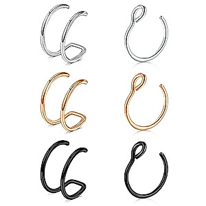 Briana Williams Fake Nose Rings Hoop Nose Cuff Non Piercing Double Fake Nose Ring Faux Clip On Nose Lip Ear Hoop Rings Non-Pierced Body Jewelry for Women Men