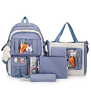 JHTPSLR Kawaii Backpack Set of 5 with Pins and Accessories Bunny and Carrot Plushies Cute Aesthetic Display Window Backpack Set (Blue)