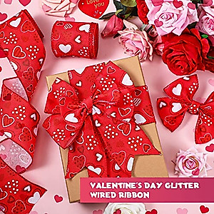 2 Roll Valentine's Day Hearts Wired Edge Ribbon Love Valentines Fabric Ribbons Red Ribbon for Gift Wrapping Party Wedding Decoration, 2.5" x 10 Yards Per Roll, Red White