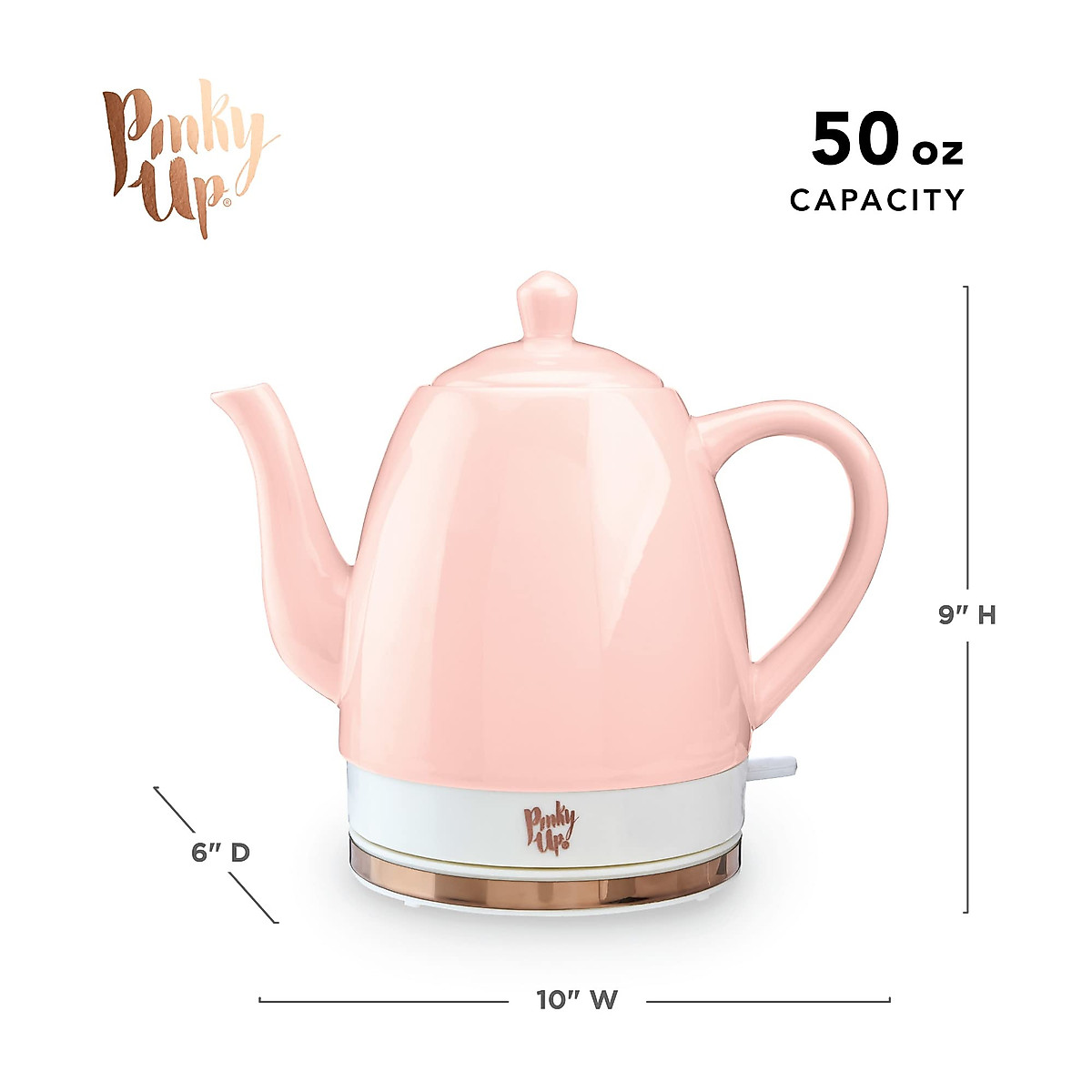 Pinky Up Noelle 1.5 L Ceramic Gooseneck Spout Electric Tea Kettle with Temperature Control - Cordless Design for Boiling Water Pot, Pink, Rose Gold