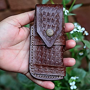 Custom Handmade Damascus Steel Karambit Folding Knife Pocket Knife Everyday Carrying Knife Camel Bone Handle with Leather Sheath