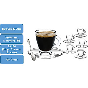 BOHEM'S Espresso Cups, 3.2 oz Small Demitasse Clear Glass Espresso Drinkware, Set Of Cups, Saucers and Stainless Steel mini Spoons + Free Glass Spoons (Set of 6)