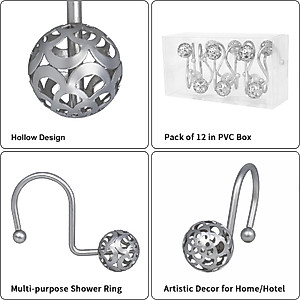 Gracelife 12Pcs Hollow Ball Shower Curtain Hooks Luxury Quality Rustproof Stainless Steel Shower Curtain Rings Hooks for Bathroom Rod (Nickel)