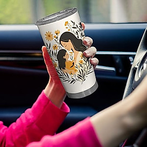 FOCIUZTA 20oz Adorable Floral Yellow Mother and Child Pattern Tumbler with lid, Travel Coffee Cup, Ideal for Easter, Mother Day, and birthday gifts