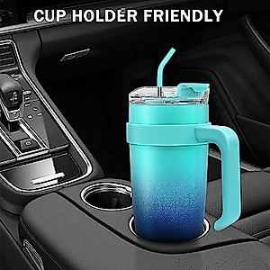 YUTGSMPO 40oz Tumbler with Handle and Straw Lid, Double Walled Stainless Steel Vacuum Insulated Tumblers Water Bottle, Travel Mug Iced Coffee Cup, Cupholder Friendly, Airtight Leak-Proof (Ocean Blue)