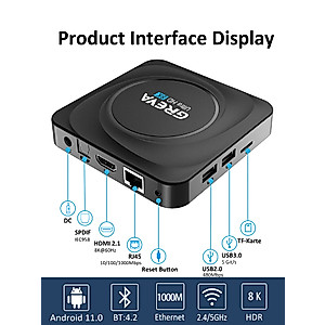 GREVA 8K Android TV Box 4GB RAM 32GB ROM Smart Player with Remote with Gigabit Ethernet WiFi5 BT4.2 for Smart TVs and Display with HDMI, Black