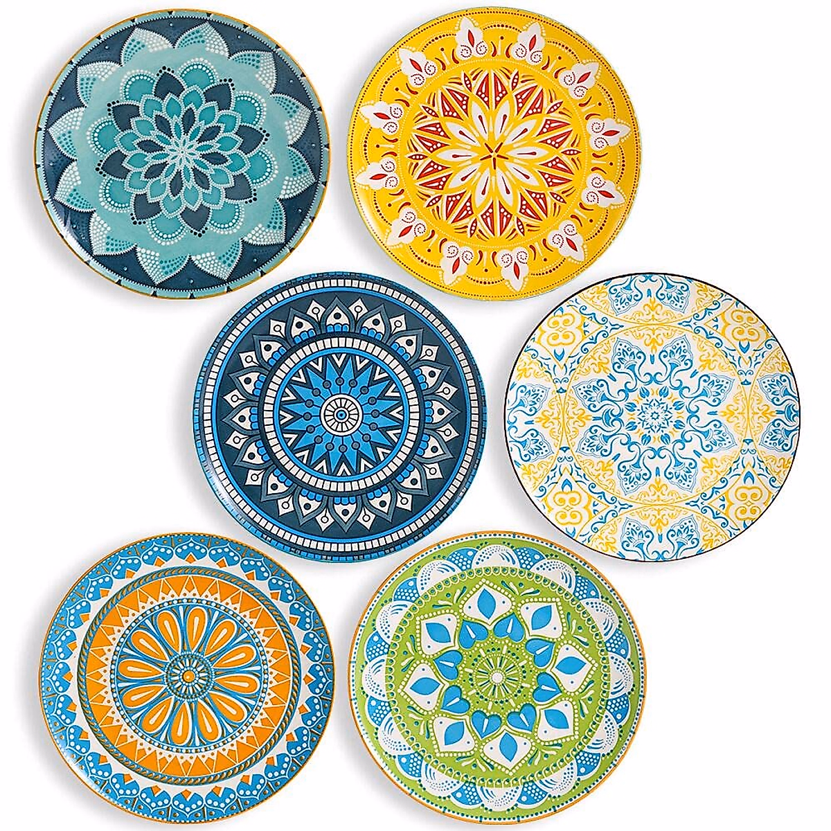 AHX Dinner Plates Ceramic Plate Set - 10 Inch Large Porcelain Round Plate Sets of 6 - Flat Colorful Pattern Dining Plates for Kitchen | Family - Dishwasher | Microwave | Oven Safe