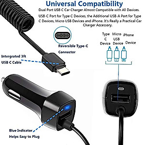 2Pack 2.4A Fast Charging USB C Car Charger Adapter with 3ft Type C Coiled Cable for Samsung Galaxy S20 FE S20 Plus Ultra S10 Lite S10e S9 S8+ A01 A10E A11 A20 A21 A30S A50 A51 5G A71, LG Stylo 6 5 4