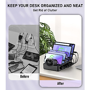 Charging Station for Multiple Devices, HSicily 6 Ports 50W Charger Station with 6 Cables Charging Dock Designed for Kindle iPhone iPad Cell Phones Tablets Apple Watch