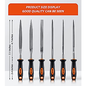 DIFFLIFE 7'' Needle File Set (Carbon Steel 6 Piece-Set) File Handles, Hardened Alloy Strength Steel - Set Includes Flat, Flat Warding, Square, Triangular, Round, and Half-Round File (6-Piece)