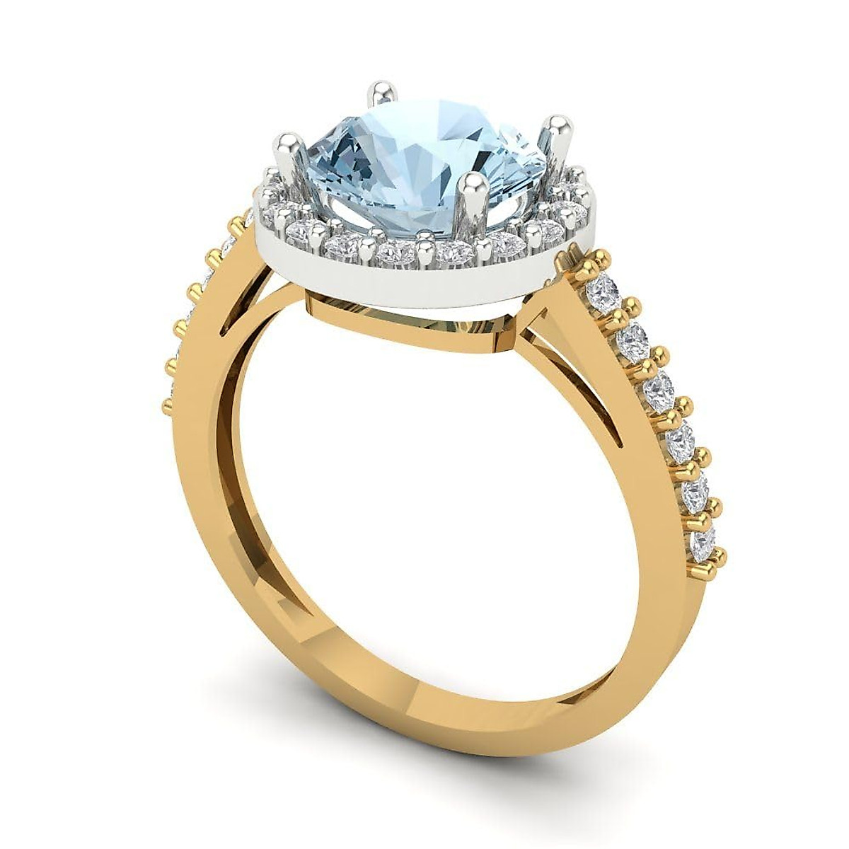 Clara Pucci 2.5 ct Round Cut Solitaire W/Accent Halo Natural Aquamarine Wedding Statement Bridal ring 18K Yellow & White Gold Size 11