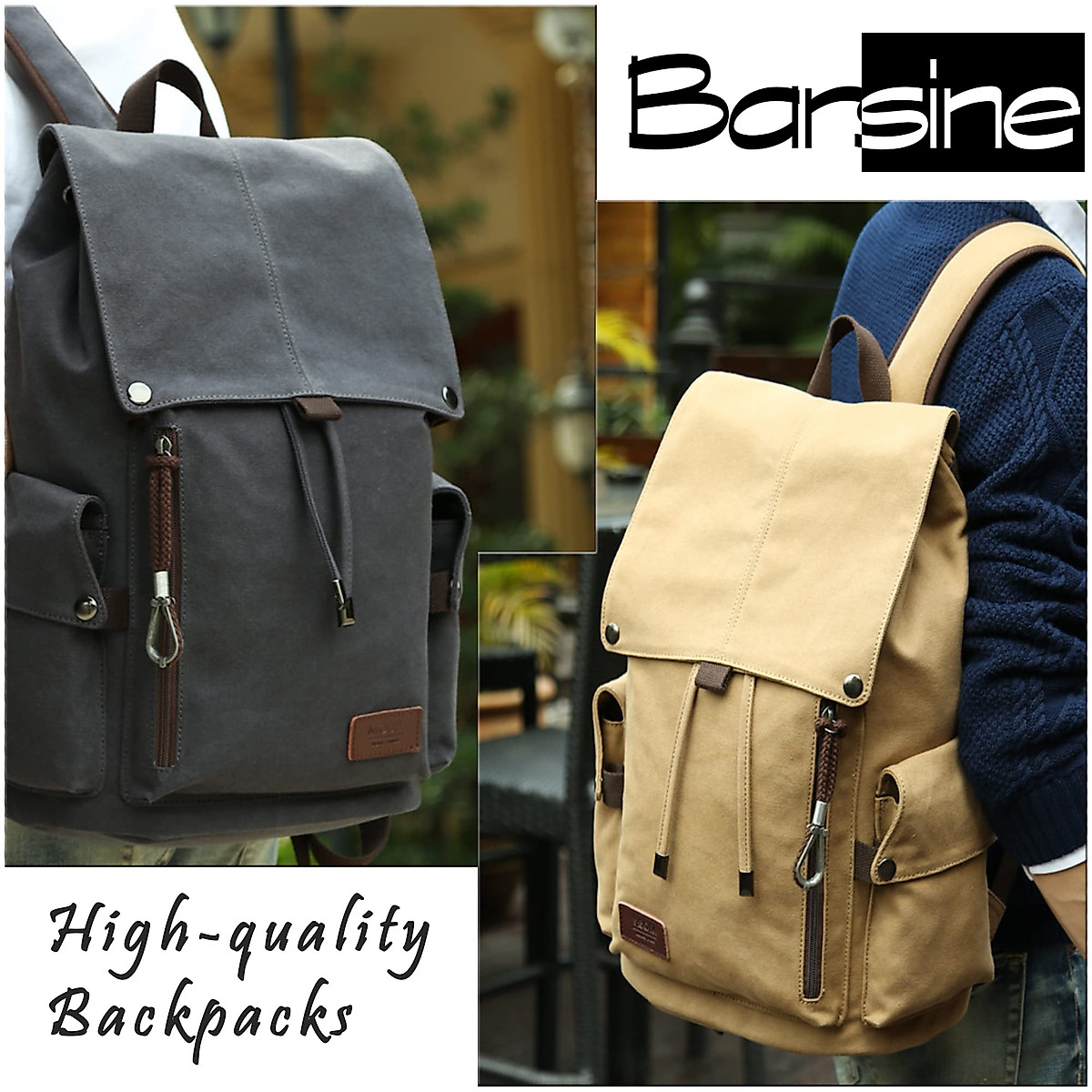 Barsine Thick Canvas Backpack for School Travel Hiking with 15 Inch Laptop Compartment Casual Rucksack