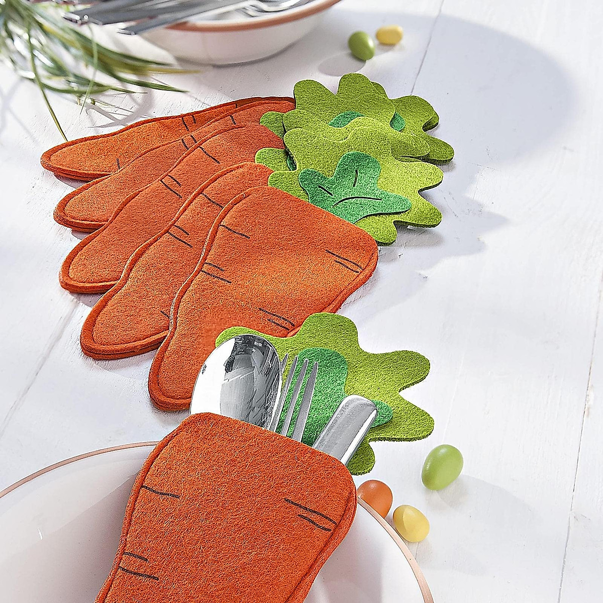 Easter Utensil Cutlery Holders, Easter Carrot Shape Silverware Tableware Utensil Holder, Easter Felt Cutlery Holder Pouch Bags, Reusable Utensil Sleeve for Knife Forks, Easter Table Decoration