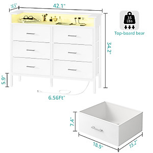 BOLUO White Dresser with LED Light and Charging Station for Bedroom 6 Drawer Dresser with USB Outlet, Dressers & Chests of Drawers Fabric Dresser for Closet Modern