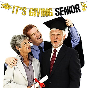 It's Giving Senior Banner, Congrats Grad/So Proud of You Sign- High School College Graduation Party Decoration Supplies, Black and Gold Glitter