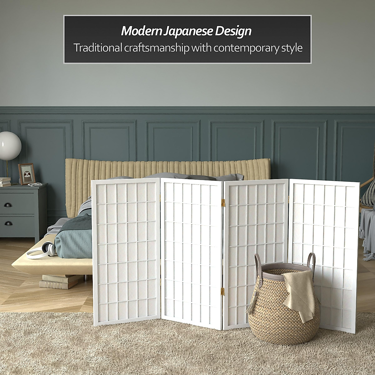 3 ft. Short Window Pane Shoji Screen - White - 4 Panels