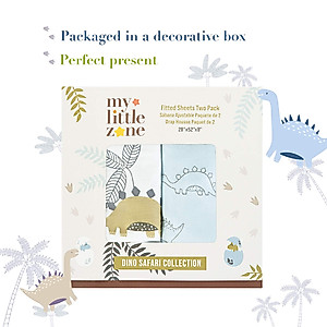 My Little Zone 100% Cotton Crib Fitted Sheets for Baby Boys and Girls, Dinosaur - Breathable Toddler Bed Sheet Set - Dino Safari, 28x52 with 8" Deep Pocket, Blue-White, 2 Pack