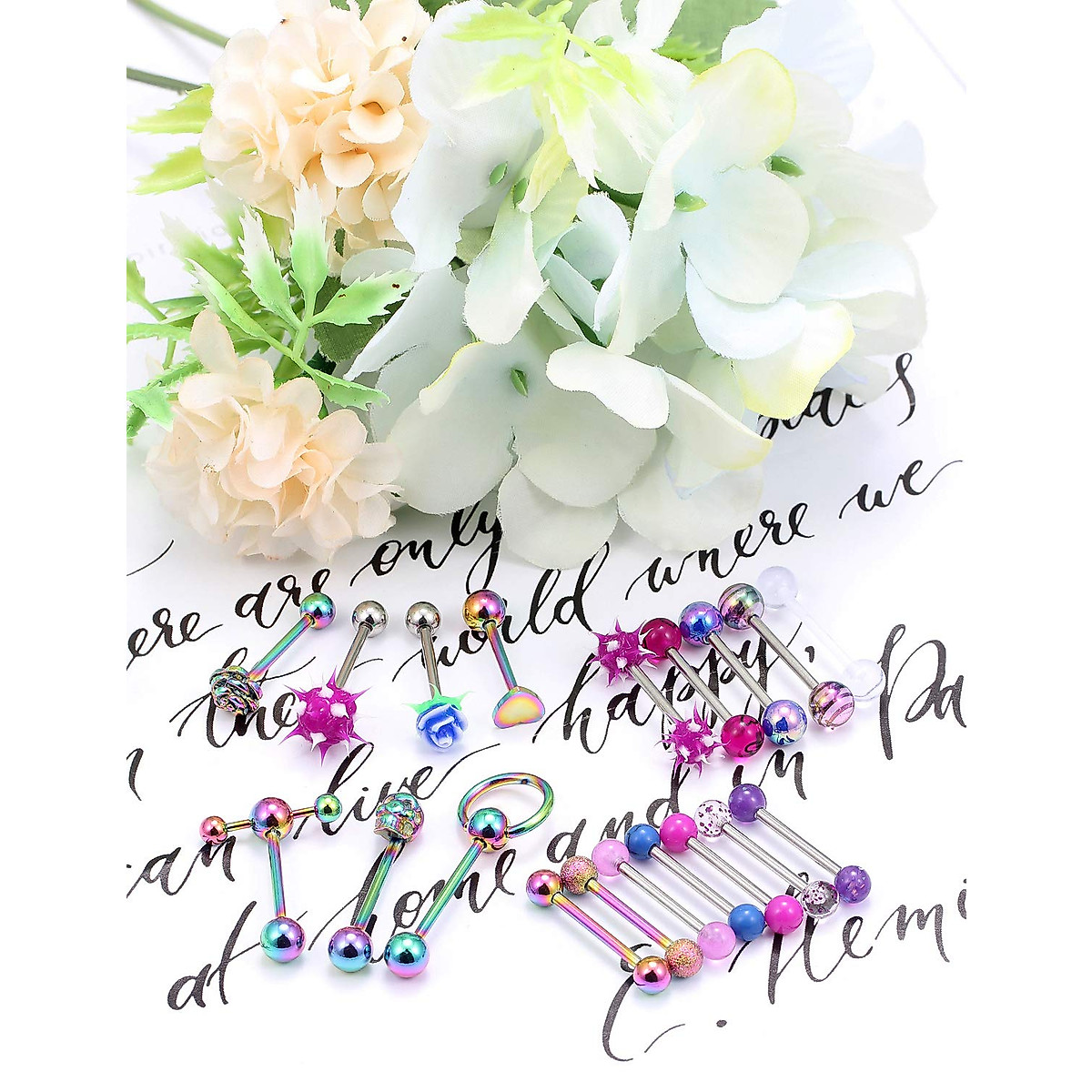 Leiainely Tongue Rings Piercing Jewelry for Women Men Work 14g 14 Gauge Cute Green Surgical Stainless Steel Metal Rainbow Clear Plastic Acrylic Diamond para La Lengua Aretes Tounge Barbell Balls Set