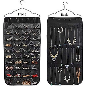 Hanging Jewelry Organizer, Double Sided 40 Pockets and 20 Magic Tape Hook Jewelry Organizer, Necklace Holder Jewelry Chain Organizer for Earrings Necklace Bracelet Ring with Hanger, Black