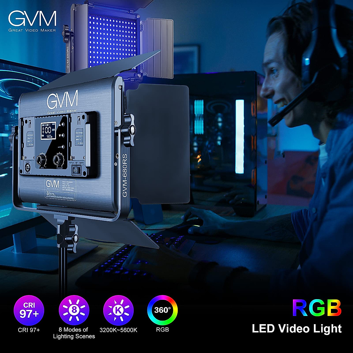 GVM RGB Photography Lighting Kits with 2 Softboxes, 680RS 50W Studio Lights with Bluetooth Control, 2 Packs Video Light with 18 Lighting Scenes, led Panel Lights for Video Recording, 8500lux/0.5m