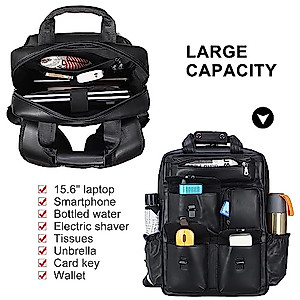 Masa Kawa Black Leather Backpack for Men 15.6 Inch Laptop Bag Multi Pockets Rucksack Casual Business Work Travel Daypack