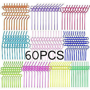 Tomnk 60pcs Crazy Straws Silly Colorful Drinking Straws Fun Varied Twists Straws for Kids, Birthday Party