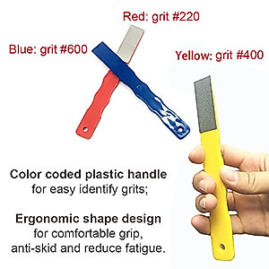 OSFTBVT Diamond Color Coded Mini Diamond Hone Kit 3Grits #220,400,600 Flat Hand File Knife Sharpener Red/Yellow/Blue - 3pcs