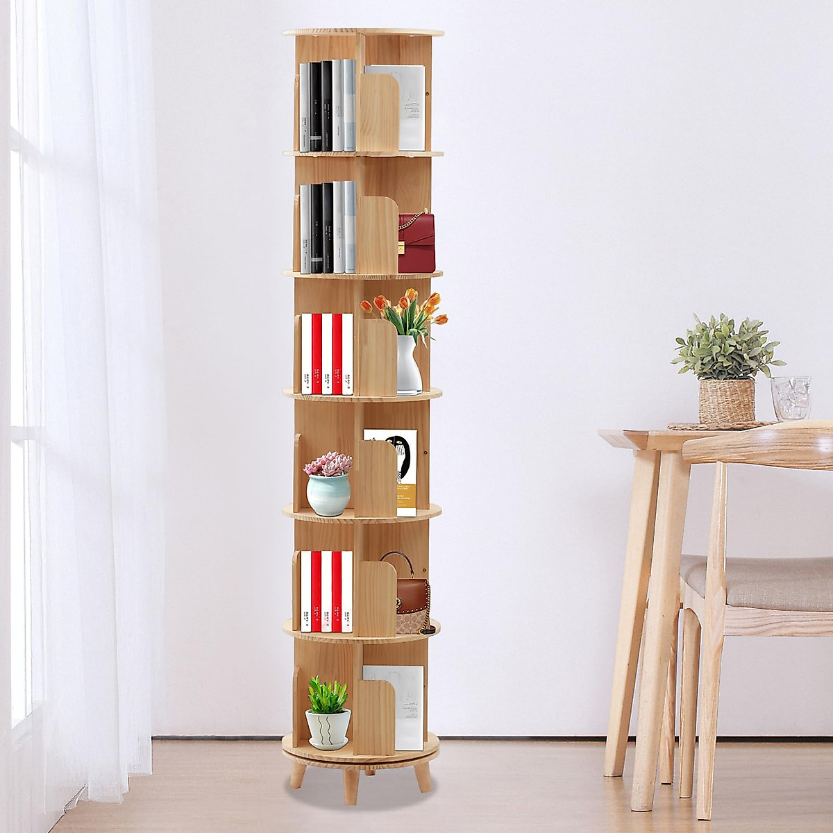 6 Tiers Rotating Bookshelf, Wood Narrow Bookshelf Organizer, 360 Display Floor Standing Bookcase Storage Rack for Kids&Adults Multi-Functional Bookshelf Organizer for Bedroom Living Room Office