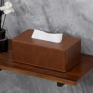 GOLRANLYE Tissue Box Cover Rectangular 9.8"(L) x 5.3"(W) x 4.3"(H) Refined Modern PU Leather Facial Tissue Dispenser Box Holder for Dresser Bathroom Decorative (Brown)