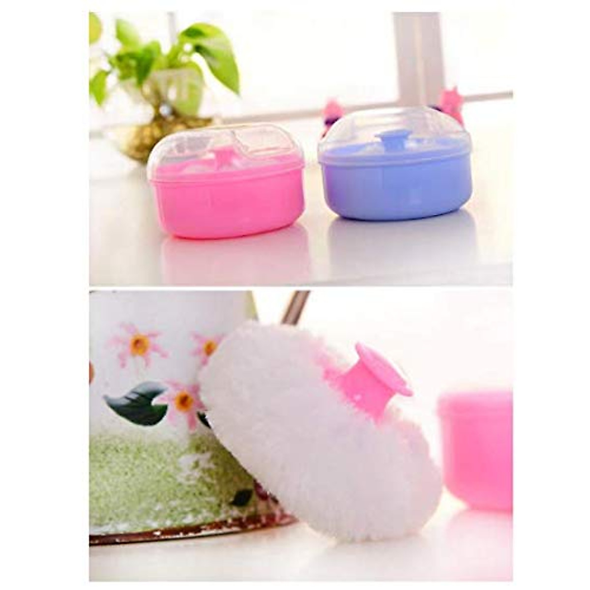 2 Pcs Pink and Blue Plastic Baby Care After-bath Powder Puff with Portable Talcum Powder Holder Box Empty Makeup Container Prickly Heat Powder Applicator Flutter for Baby Skin Care