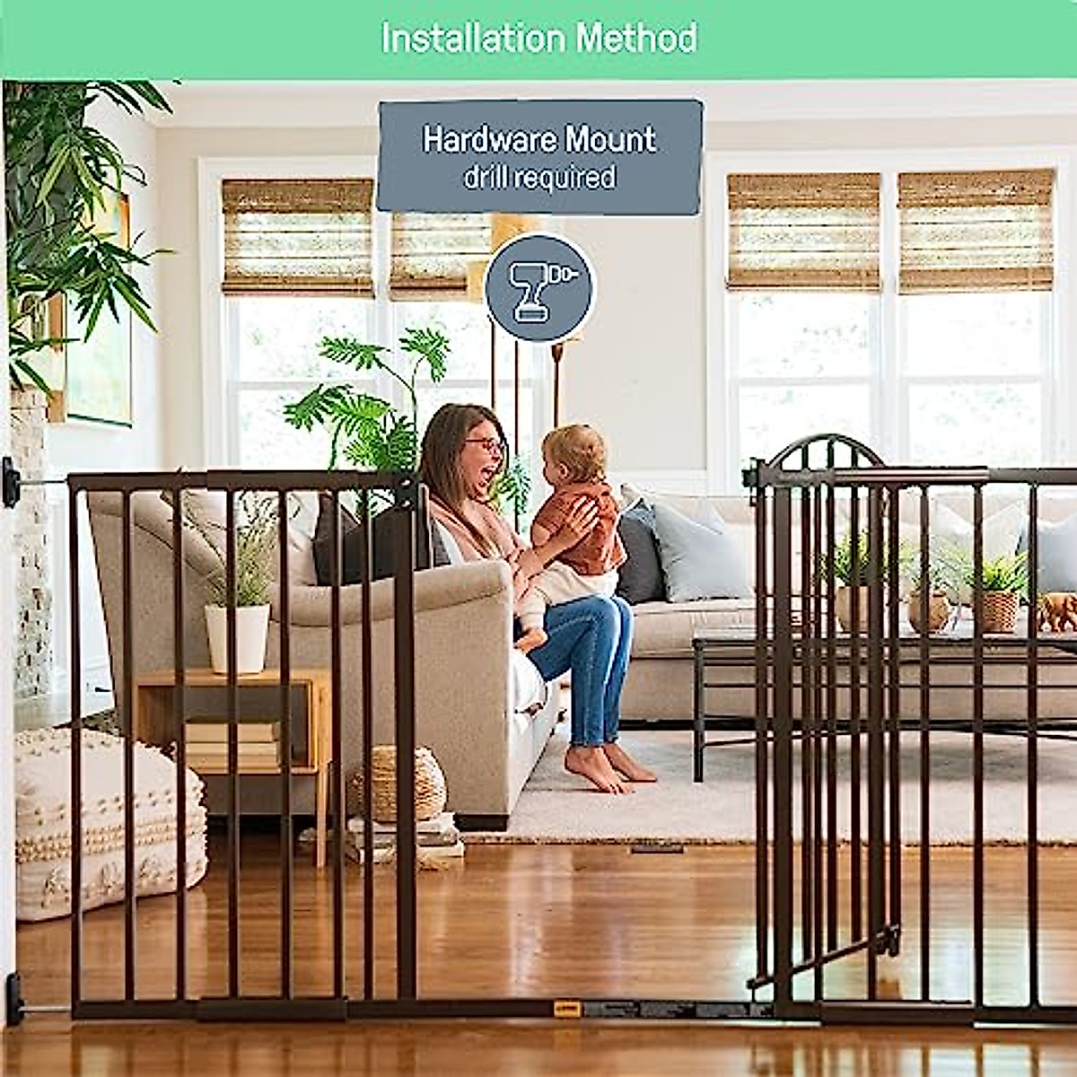 Summer Metal Expansion Extra Wide Safety Pet and Baby Gate, 44"-71" Wide, 36” Tall, Hardware Mounted for Dog and Child Safety, Fits Large Opening or Doorway, Auto Close Walk Thru Door - Bronze