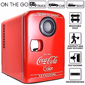 Coca-Cola Bluetooth Speaker Mini Portable Fridge, Compact Personal Cooler Warmer, 12V DC/110V AC for Home, Dorm, Car, Skincare, Cosmetics, Medication, Red