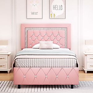 Twin Bed Frame, Upholstered Platform Bed with Diamond Button Tufted Headboard, Girls Twin Bed Fame, Princess Bed Frame with Crystal Tufted Headboard, Wooden Slats Support, Easy Assembly, Pink