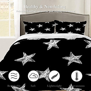 Shrahala Stars Star Black White Duvet Cover Set Queen Size, Chalkboard Stars 3 Pieces Soft Brushed 100% Cotton Duvet Covers with Button Closure, 1 Duvet Cover 90x90 inches and 2 Pillow Shams