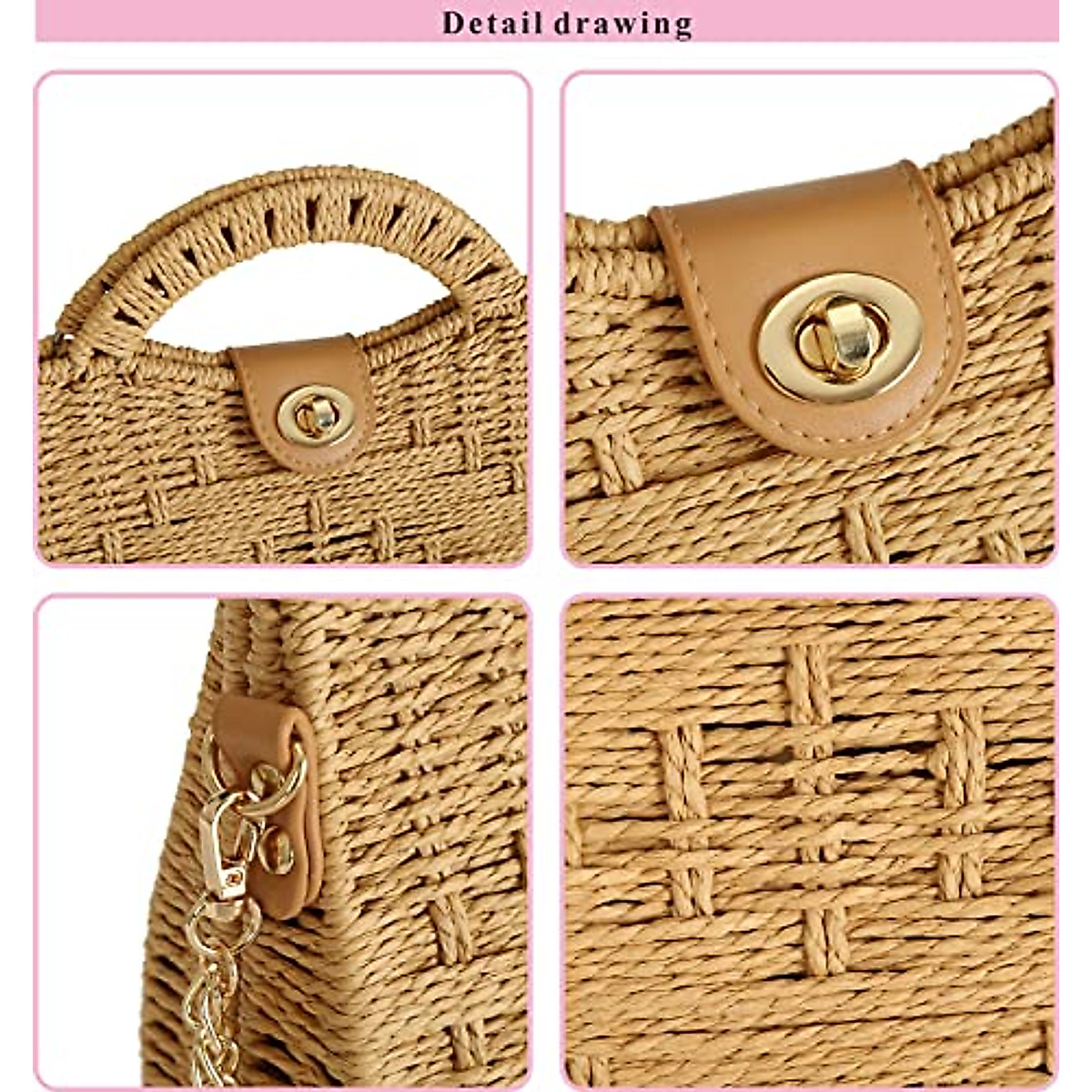TaiGuri Women's Handmade Straw Rattan Woven Chain Strap Purse Handbag Tote Shoulder Bag Khaki
